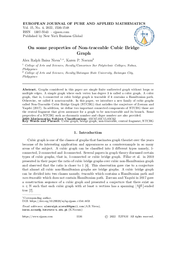 (PDF) On Some Properties of Non-traceable Cubic Bridge Graph