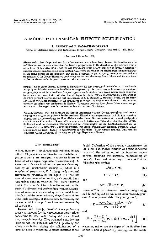 (PDF) A model for lamellar eutectic solidification