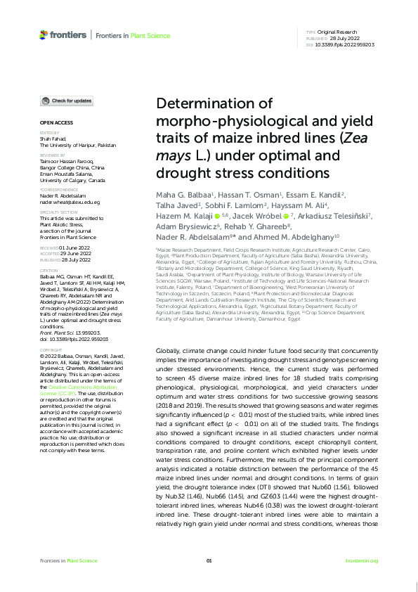 (PDF) Determination of morpho-physiological and yield traits of maize inbred lines (Zea mays L ...