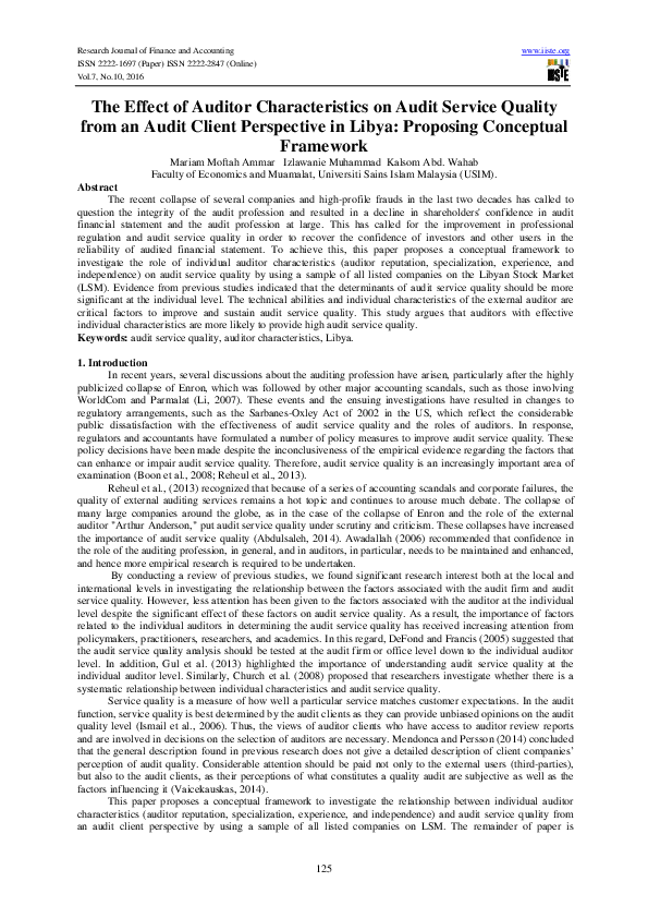 (PDF) The Effect of Auditor Characteristics on Audit Service Quality ...