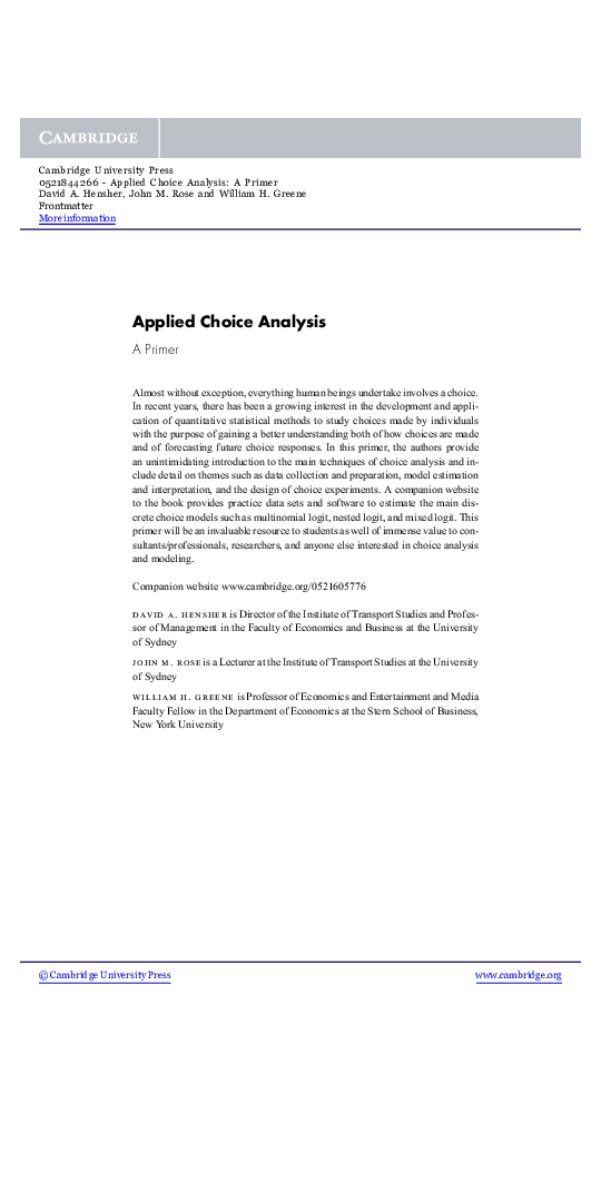 (PDF) Applied Choice Analysis: A Primer
