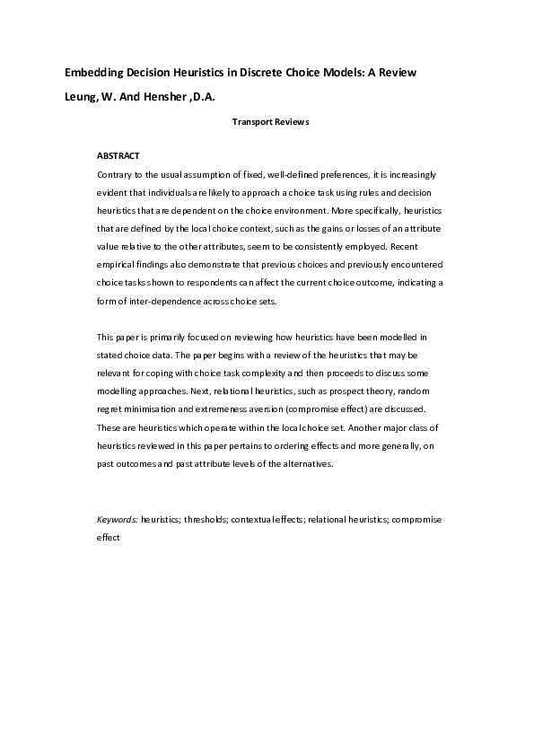 (PDF) Embedding Decision Heuristics in Discrete Choice Models: A Review
