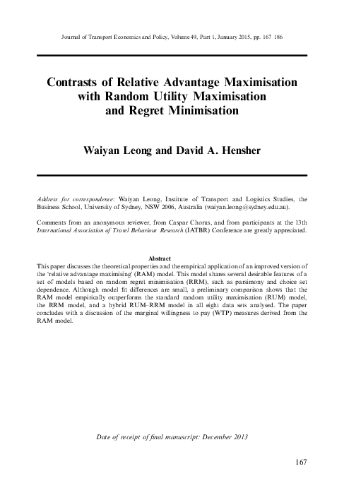 (PDF) Contrasts of relative advantage maximisation with random utility maximisation and regret ...