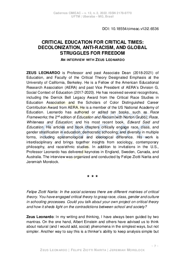 (PDF) Critical education for critical times: decolonization, anti ...