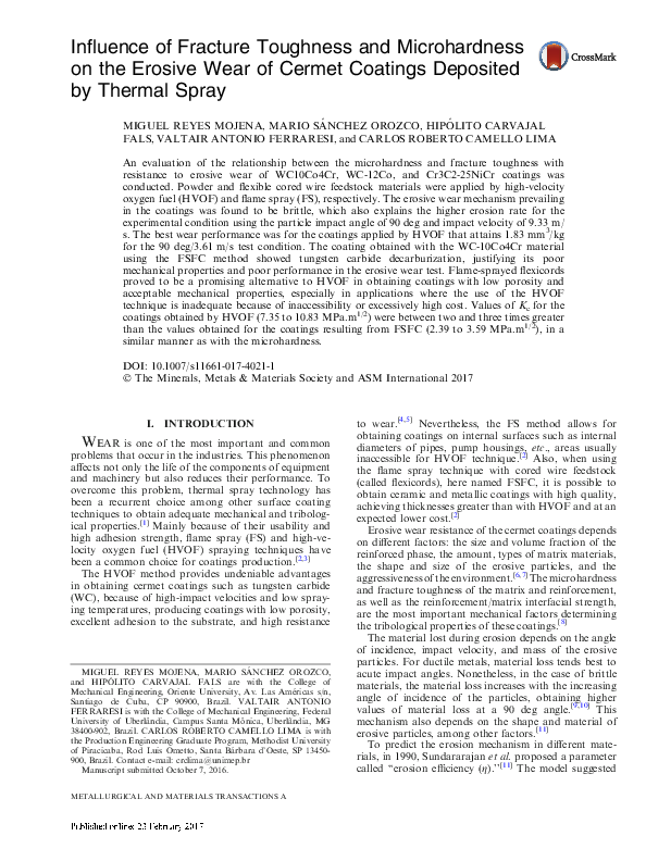 (PDF) Influence of Fracture Toughness and Microhardness on the Erosive ...