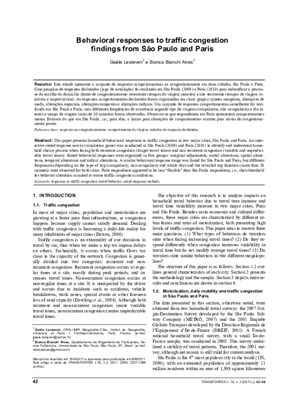 (PDF) Behavioral responses to traffic congestion findings from São ...
