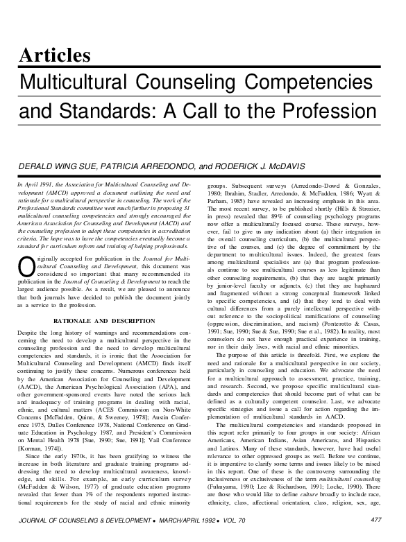 (PDF) Articles Multicultural Counseling Competencies and Standards: A ...