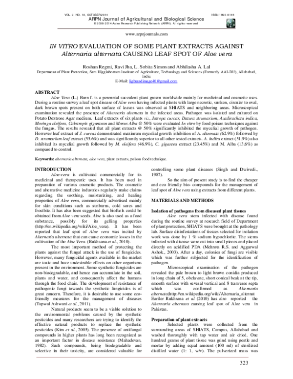 (PDF) IN VITRO EVALUATION OF SOME PLANT EXTRACTS AGAINST Alternaria alternata CAUSING LEAF SPOT ...