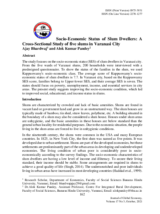 (PDF) Socio-Economic Status of Slum Dwellers: A Cross-Sectional Study ...