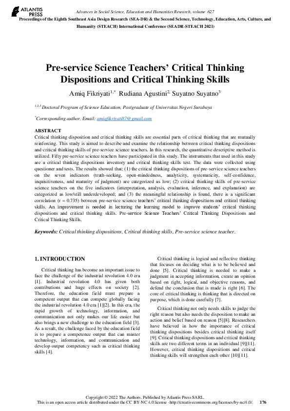 (PDF) Pre-service Science Teachers’ Critical Thinking Dispositions and Critical Thinking Skills ...