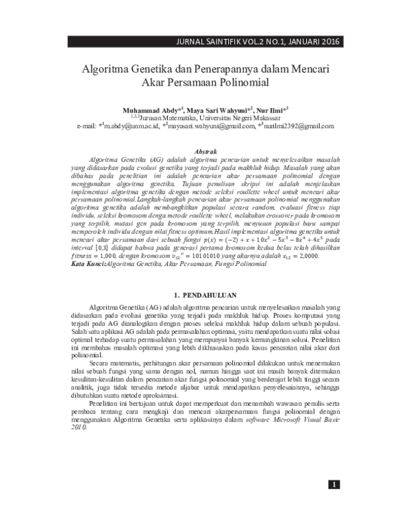 (PDF) Algoritma Genetika dan Penerapannya dalam Mencari Akar Persamaan Polinomial