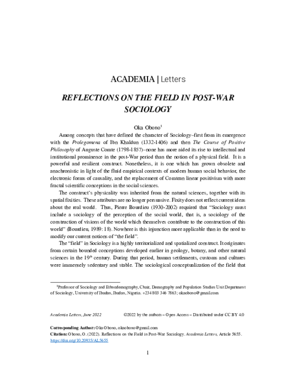 (PDF) Reflections on the Field in Post War Soc