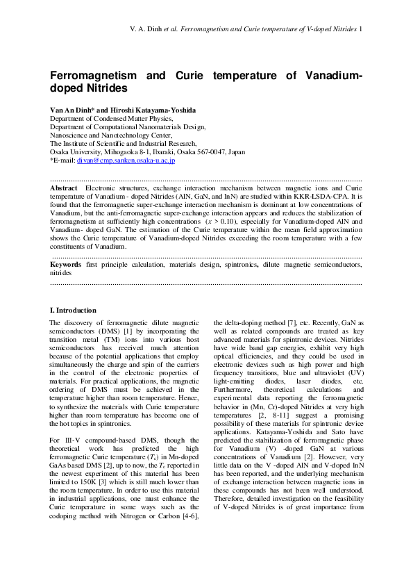 (PDF) Ferromagnetism and Curie temperature of Vanadium-doped nitrides