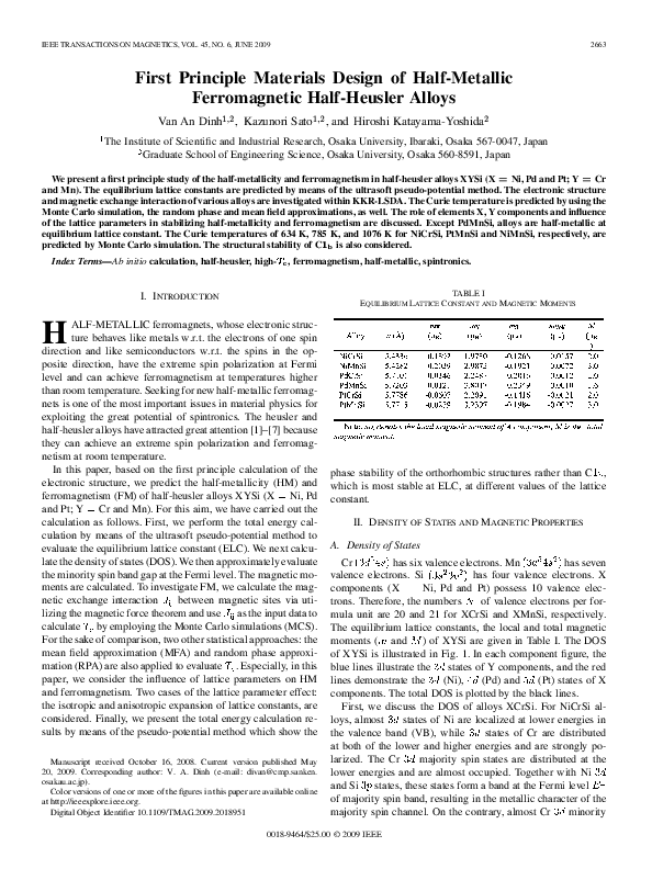(PDF) First Principle Materials Design of Half-Metallic Ferromagnetic ...