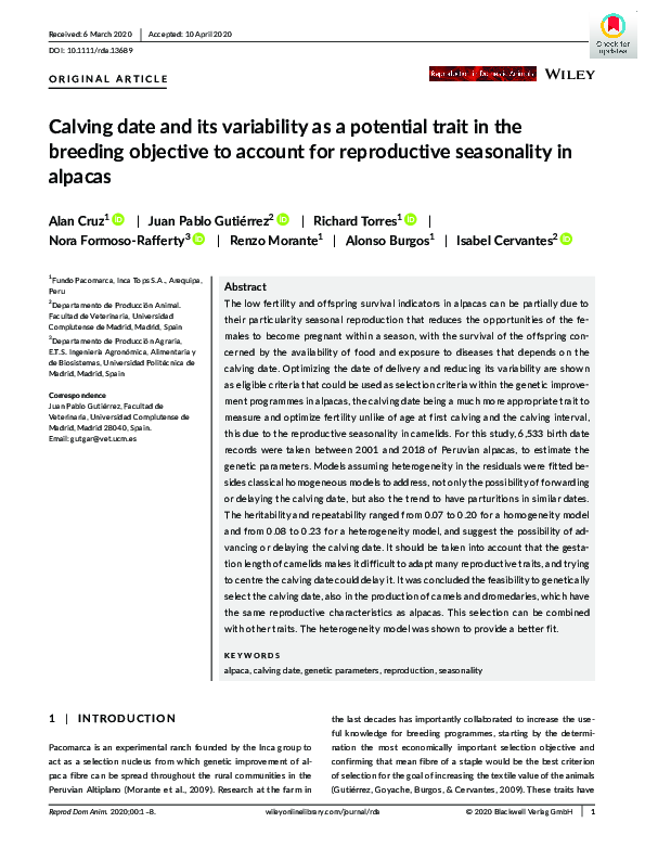 (PDF) Calving Date Variability in Alpaca Breeding for Seasonality