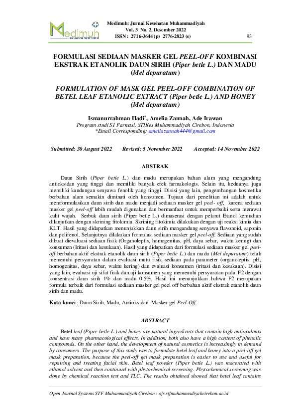 FORMULASI SEDIAAN MASKER GEL PEEL-OFF KOMBINASI EKSTRAK ETANOLIK DAUN ...