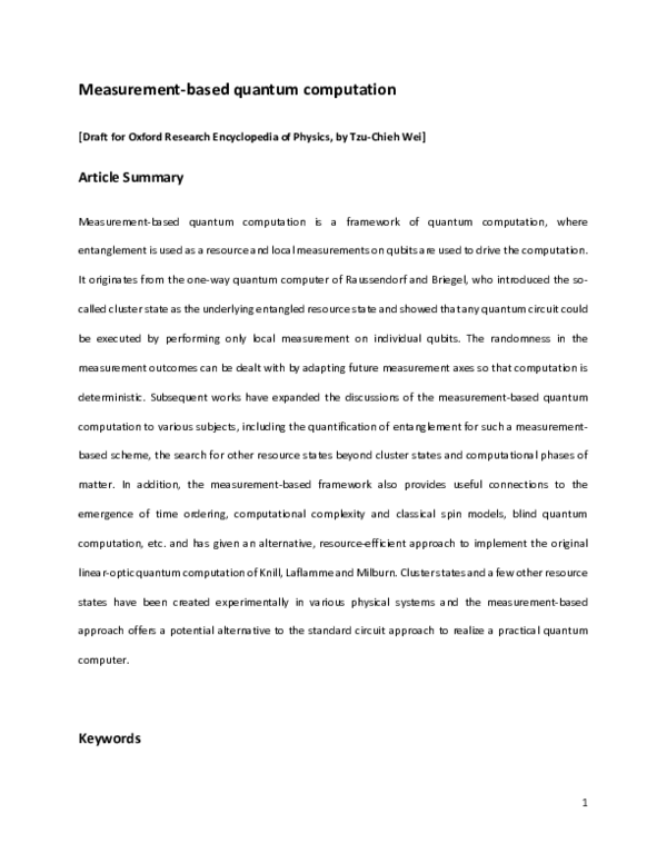 (PDF) Measurement-Based Quantum Computation