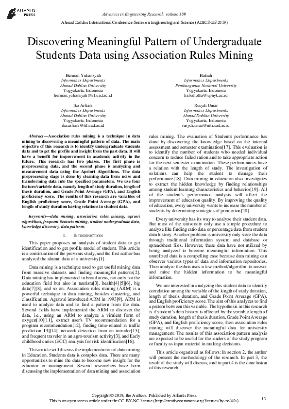 (PDF) Discovering Meaningful Pattern of Undergraduate Students Data using Association Rules Mining