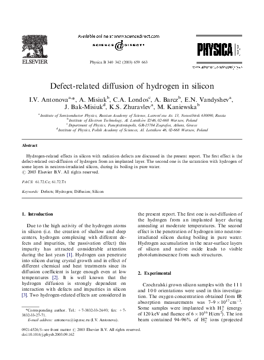 (PDF) Defect-related diffusion of hydrogen in silicon