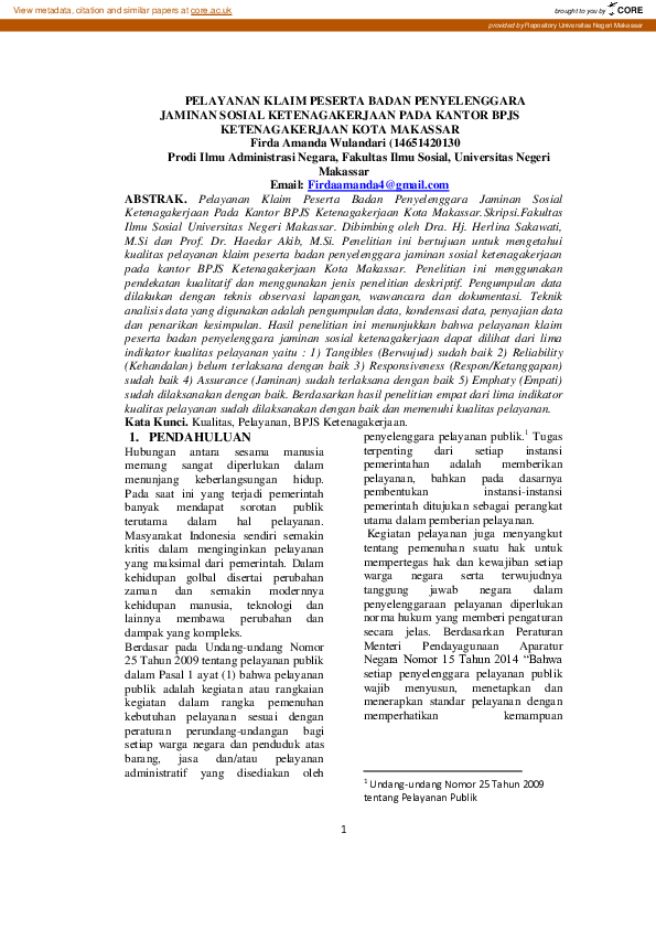 (PDF) Pelayanan Klaim Peserta Badan Penyelenggara Jaminan SosialKetenagakerjaan Pada Kantor BPJS ...