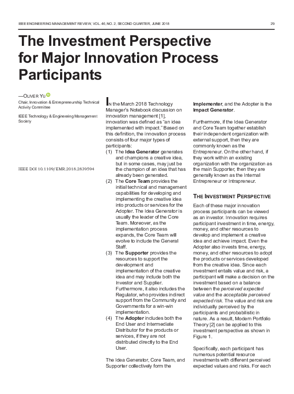 (PDF) The Investment Perspective for Major Innovation Process Participants