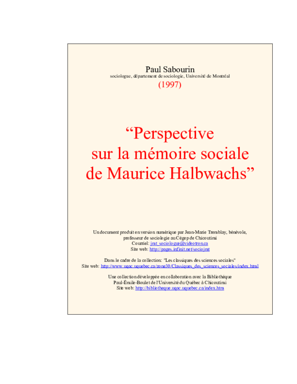 (PDF) Perspective sur la mémoire sociale de Maurice Halbwachs