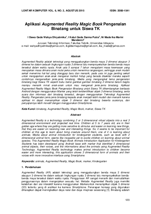 (PDF) Aplikasi Augmented Reality Magic Book Pengenalan Binatang Untuk ...
