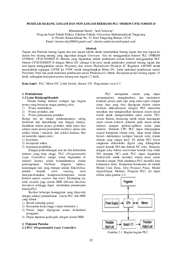 (PDF) Pemilah Barang Logam Dan Non-Logam Berbasis PLC Omron CP1E-N30SDT ...