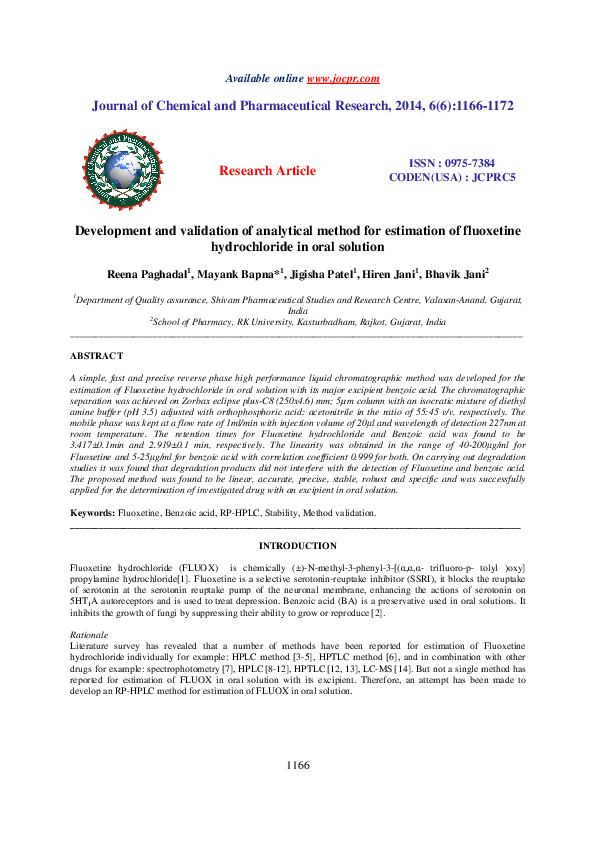 Pdf Development And Validation Of Analytical Method For Estimation Of Fluoxetine Hydrochloride