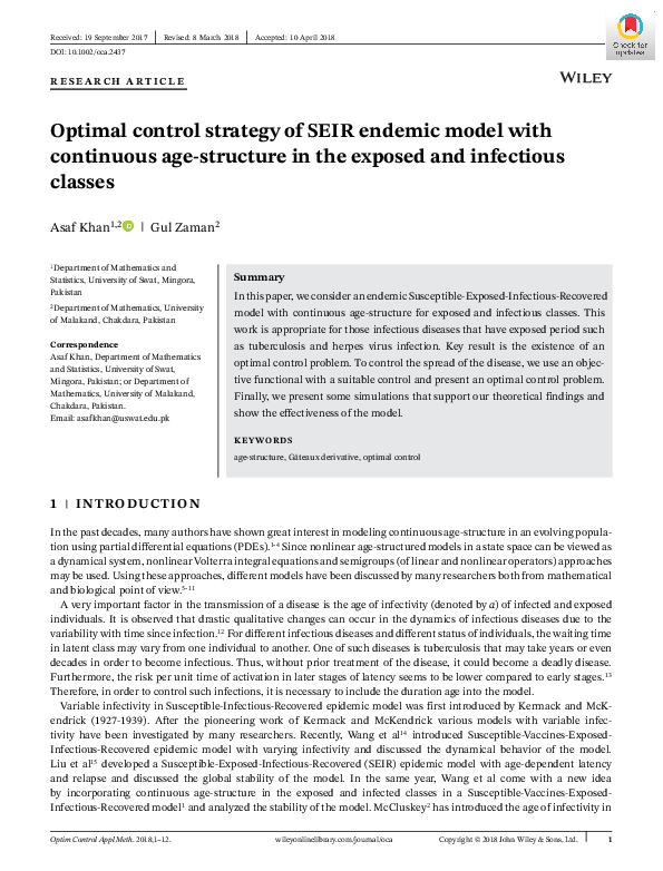 (PDF) Optimal control strategy of SEIR endemic model with continuous age-structure in the ...