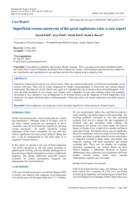 (PDF) Superficial venous aneurysm of the great saphenous vein: a case ...