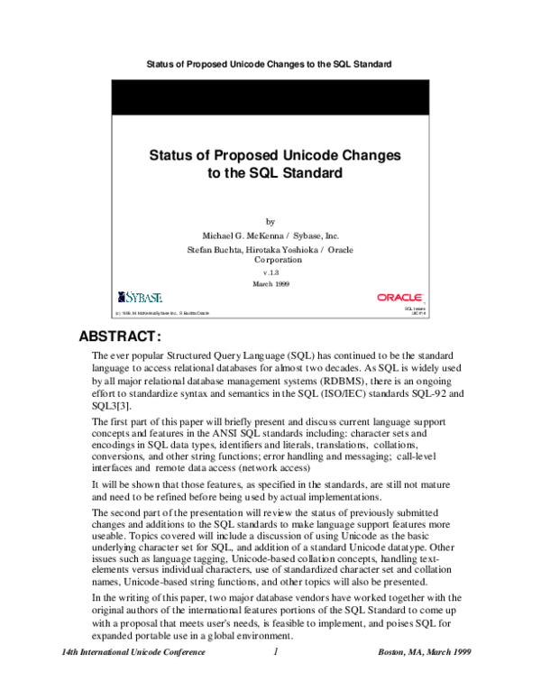 (PDF) Status of Proposed Unicode Changes to the SQL Standard | Stefan ...