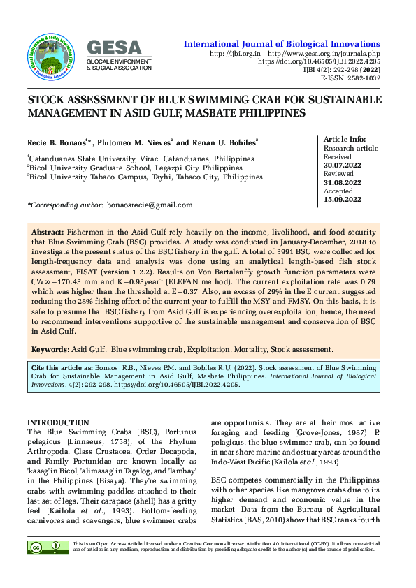 (PDF) Stock Assessment of Blue Swimming Crab for Sustainable Management ...