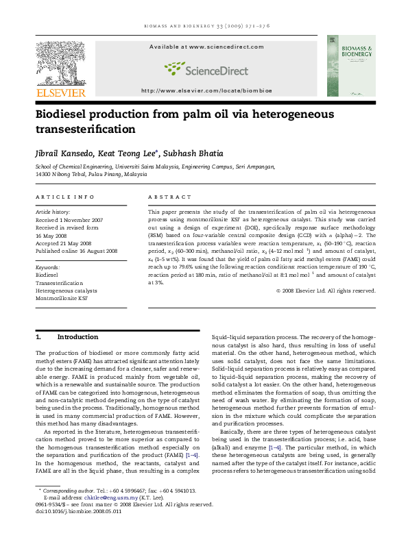 (PDF) Biodiesel production from palm oil via heterogeneous transesterification