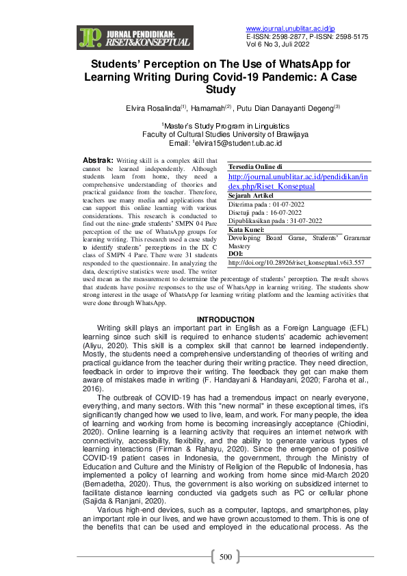 (PDF) Students’ Perception on The Use of WhatsApp for Learning Writing During Covid-19 Pandemic ...