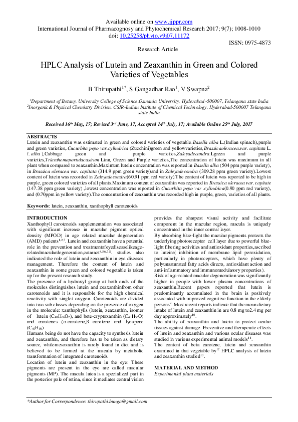 (PDF) HPLC Analysis of Lutein and Zeaxanthin in Green and Colored Varieties of Vegetables