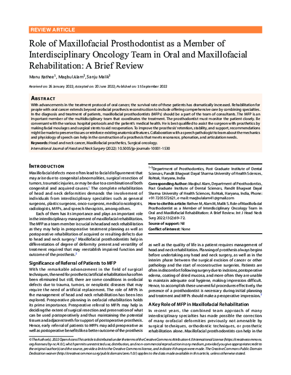 (PDF) Role of Maxillofacial Prosthodontist as a Member of ...