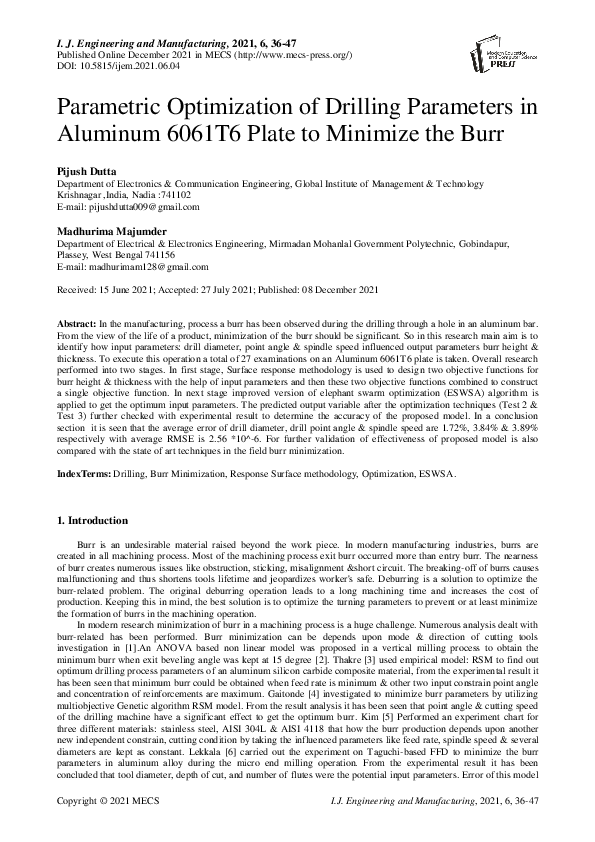 (PDF) Parametric Optimization of Drilling Parameters in Aluminum 6061T6 ...