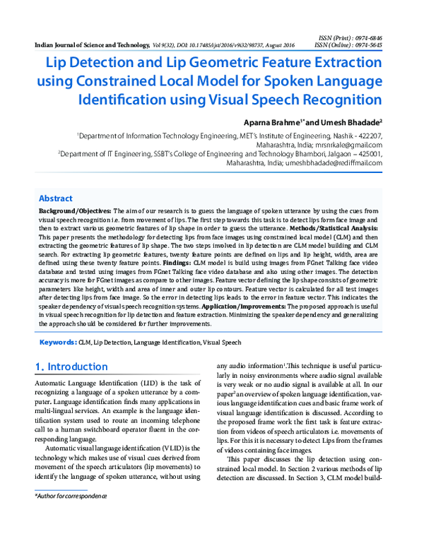 (PDF) Lip Detection and Lip Geometric Feature Extraction using Constrained Local Model for ...