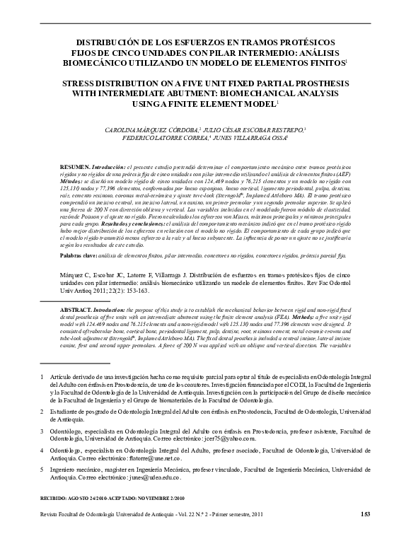 Pdf Stress Distribution On A Five Unit Fixed Partial Prosthesis With Intermediate Abutment