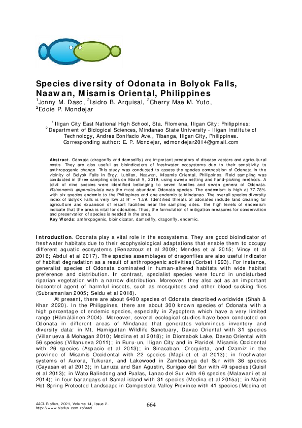 (PDF) Species diversity of Odonata in Bolyok Falls, Naawan, Misamis ...