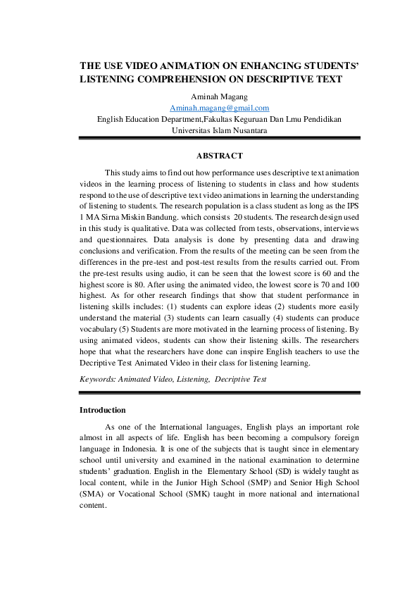 (PDF) THE USE VIDEO ANIMATION ON ENHANCING STUDENTS' LISTENING ...