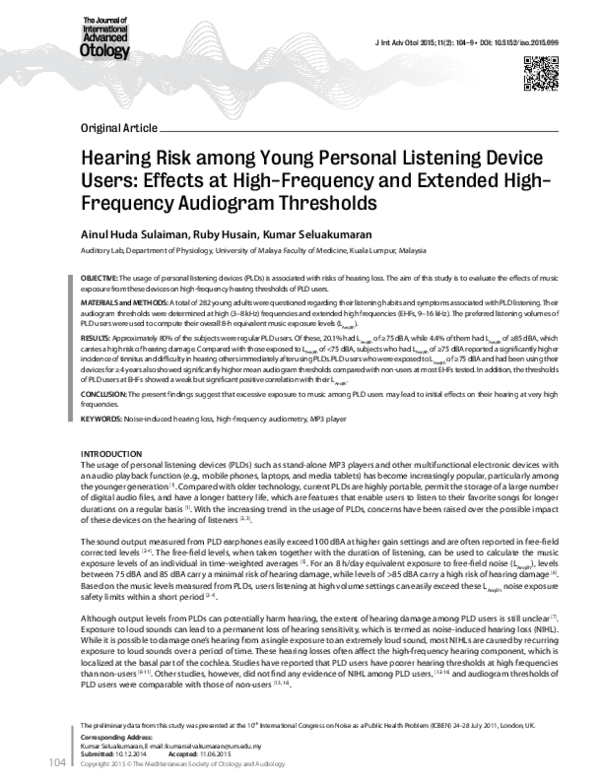 (PDF) Hearing Risk among Young Personal Listening Device Users: Effects ...