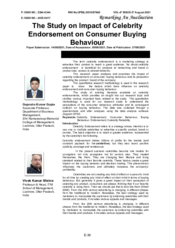 (PDF) The Study on Impact of Celebrity Endorsement on Consumer Buying Behaviour