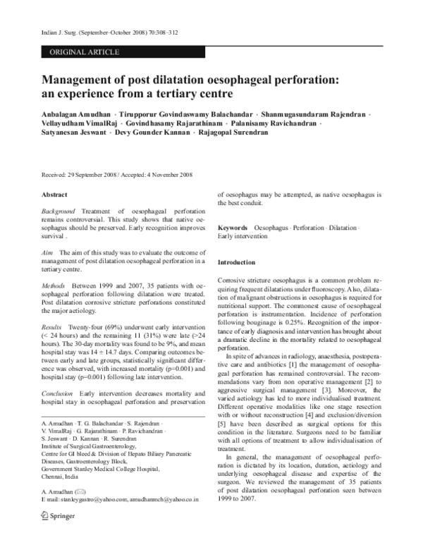 (PDF) Management of post dilatation oesophageal perforation: an ...