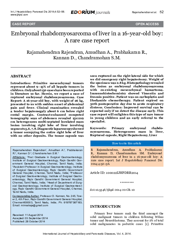 (PDF) Embryonal rhabdomyosarcoma of liver in a 16-year-old boy: A rare ...
