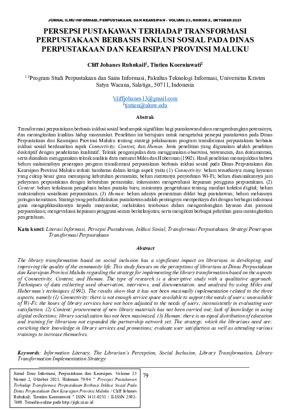 (PDF) Persepsi Pustakawan terhadap Transformasi Perpustakaan berbasis Inklusi Sosial pada Dinas ...