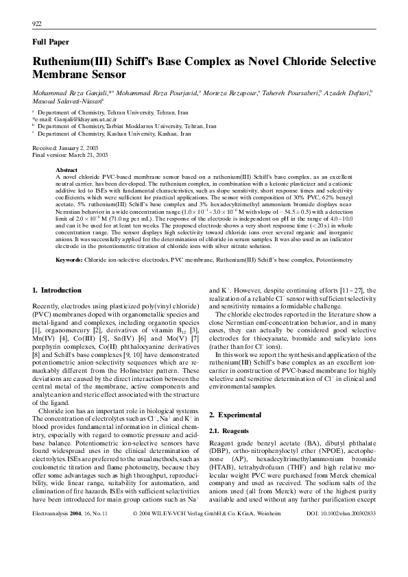 (PDF) Ruthenium(III) Schiff's Base Complex as Novel Chloride Selective Membrane Sensor