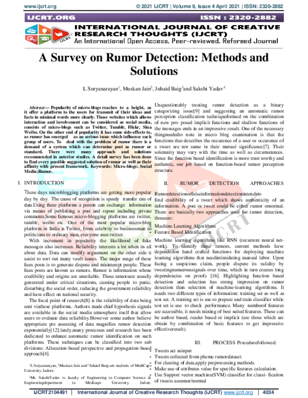 (PDF) A Survey on Rumor Detection: Methods and Solutions