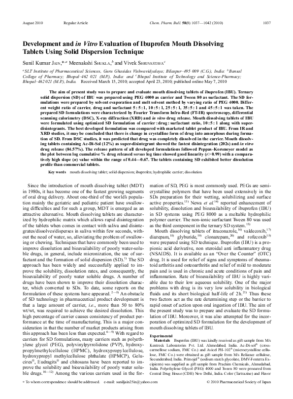 Pdf Development And In Vitro Evaluation Of Ibuprofen Mouth Dissolving Tablets Using Solid